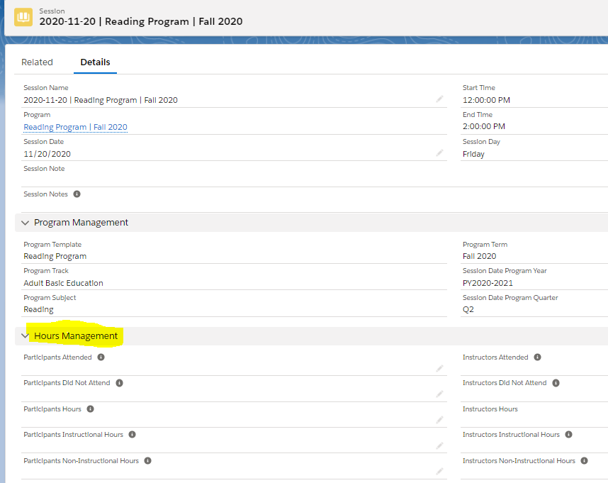 Session Roll Up Fields
